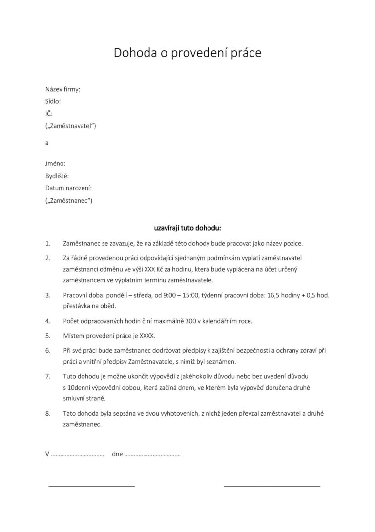 Dohoda o provedení práce 2025 - vzor ke stažení zdarma
