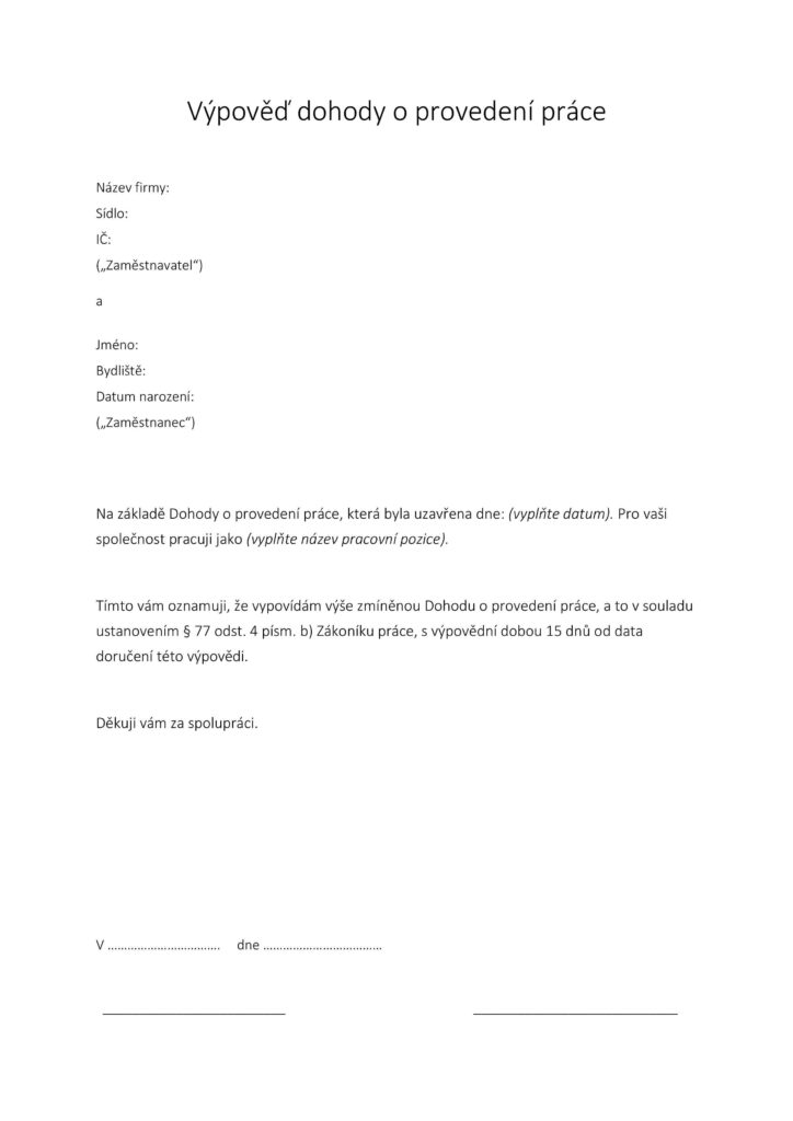 Ukončení dohody o provedení práce - výpověď DPP vzor 2025