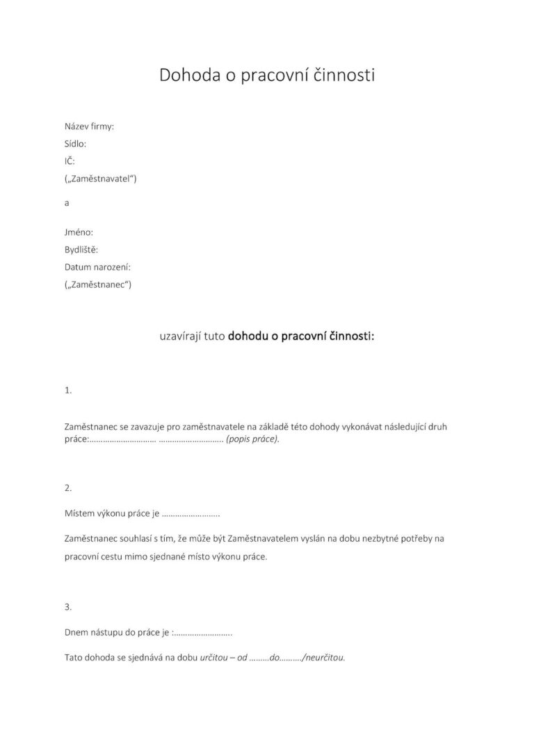 Dohoda o pracovní činnosti vzor 2025 - ke stažení zdarma