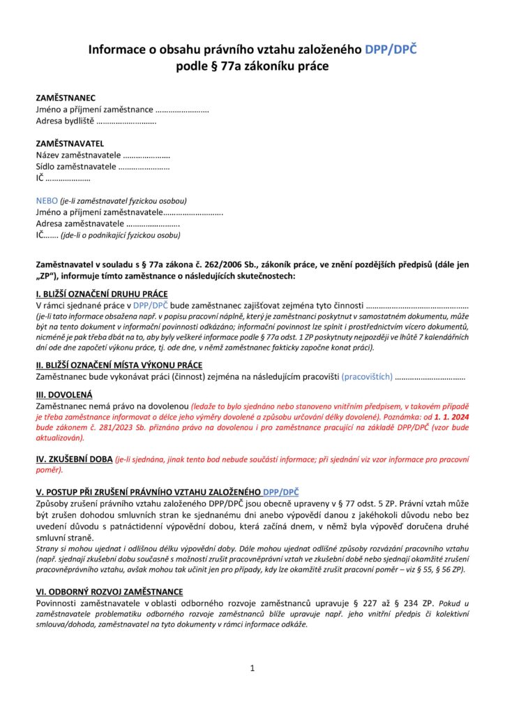 Dohoda o pracovní činnosti vzor 2025 - ke stažení zdarma
