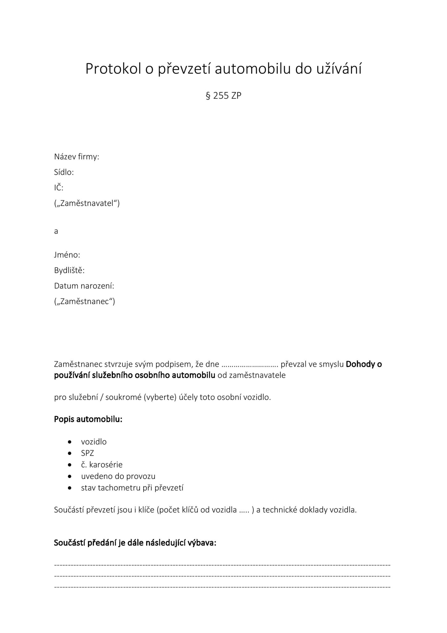 Předávací protokol zaměstnanec I předměty i služební automobil - vzor zdarma
