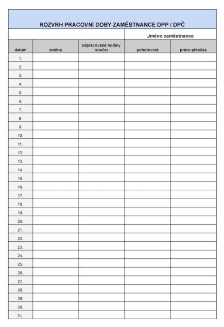 Rozvrh pracovní doby DPP / DPČ 2025 - vzor ke stažení