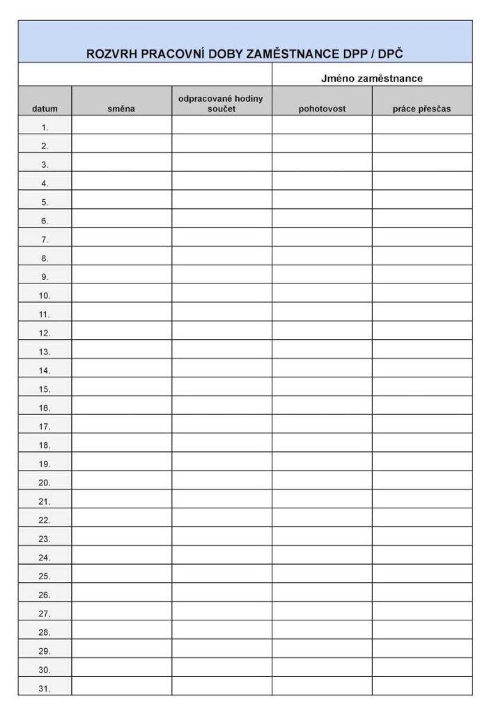 Rozvrh pracovní doby DPP / DPČ 2025 - vzor ke stažení